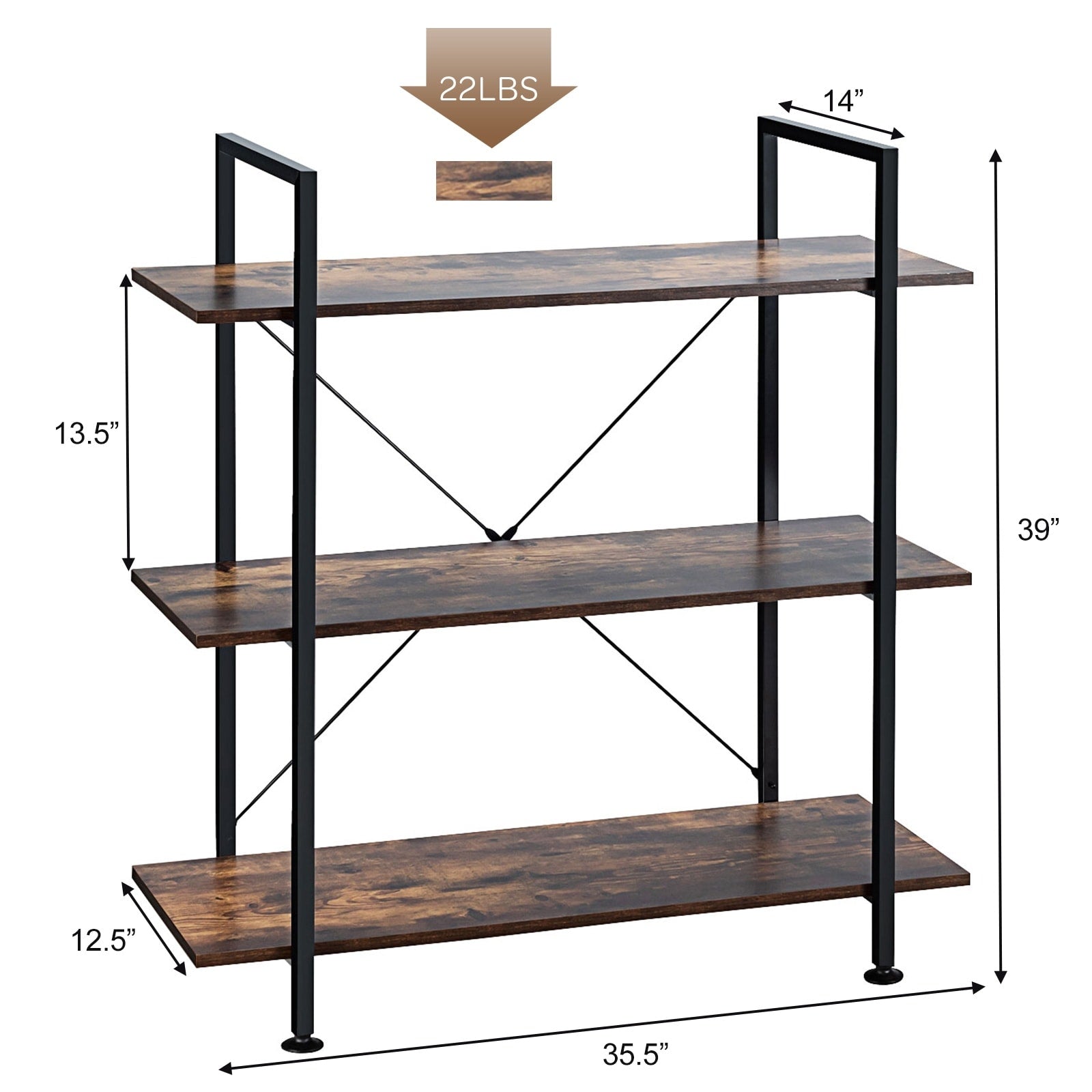 3-Tier Bookshelf Industrial Bookcase Display Shelf Storage Rack